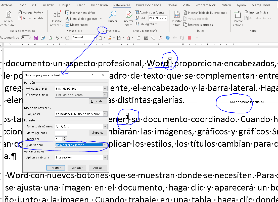 Numeraciones diferentes en las notas al pie. - WordExperto