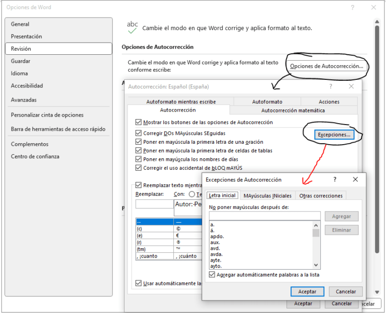 Excepciones de Autocorrección. - WordExperto